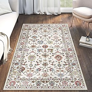 LUXRUG 3x5 Washable Area Rug - Small Entryway Rug Non-Slip Cream Colorful Vintage Traditional Floral Kitchen Rugs Low Pile Boho Carpet Throw Rugs for Living Room Bedroom Bathroom Entrance Dorm Office