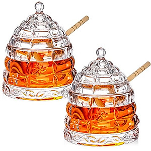 Hacaroa 2 Pack 10 Oz Glass Honey Pot with Lid and Wooden Dipper, Clear Honey Jar Beehive Honey Dish Dispenser Container for Jam Jelly, Home Kitchen, Wedding Gifts, Candlesticks, Barware