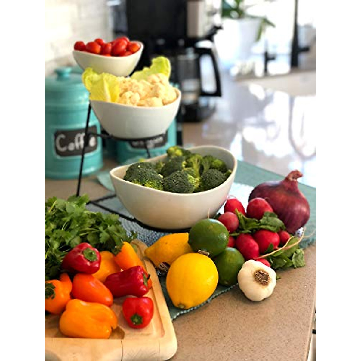 Partito Bella 3 Tier White Oval Bowl Set with Collapsible Thicker Metal Rack - Perfect Display for Chips, Dips, Candy, Fruit and More Collapsible Stand with Nesting Bowls for Easy Storage