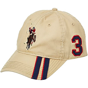 U.S. Polo Assn. Dad Hat, Embroidered Horse Logo Adjustable Adult Baseball Cap with Diagonal Accent Stripes, Khaki, One Size