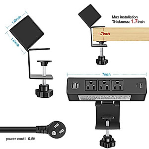 Desktop Clamp Power Strip with USB, Surge Protector Power Charging Station Outlet with 3 Plugs 3 USB A 1 USB C PD 18W Fast Charging Outlets, Desk Mount Multi-Outlets for Home Office Garage Workshop