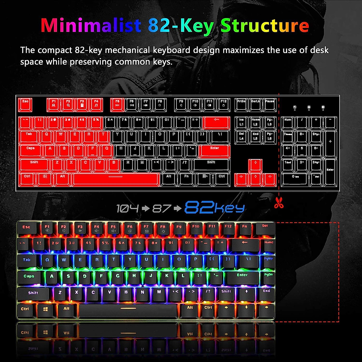 LexonElec Wireless Mechanical Keyboard,Two Mode BT5.0/USB-C 82 Keys Bluetooth Mechanical Keyboard,Rainbow LED Backlit,Compact Gaming Keyboard for Windows Mac PC Gamer(Black)