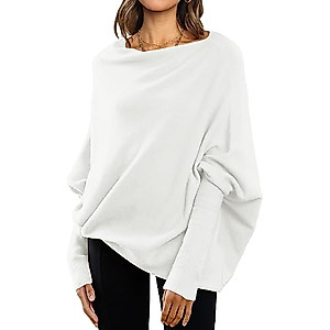 LILLUSORY Womens 2023 Fall Long Batwing Sleeve Off Shoulder Tunic Tops Oversized Crewneck Lightweight Slouchy Pullover Sweaters White