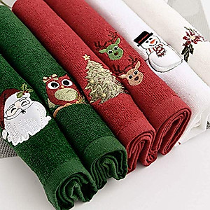 Christmas Kitchen Towels Set of 6, Cotton Christmas Hand Towels for Bathroom, Embroidery Design Holiday Tea Towels Fingertip Towels, Soft Kitchen Dish Towel, 12x18" (Red Green White)
