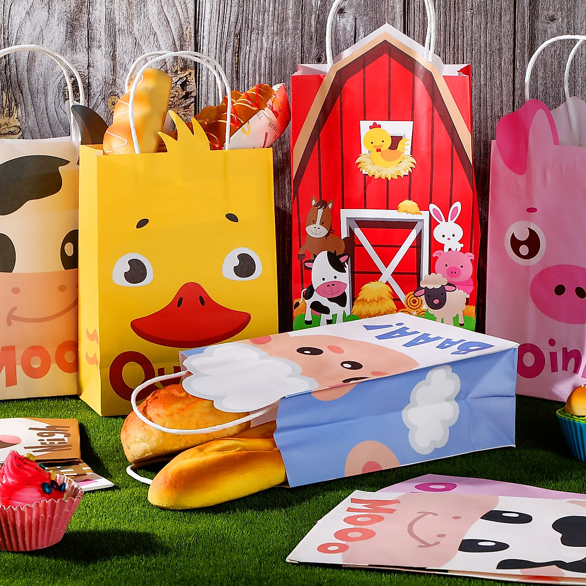 Tallew Farm Animal Party Favor Bags with Handles, Barnyard Birthday Gift Treat Goody Bags Kraft Paper Candy Gift Bag for Kids