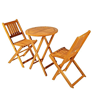 Outsunny 3-Piece Acacia Wood Bistro Set, Folding Patio Furniture with 2 Folding Chairs and Round Coffee Table, Teak, Slatted Finish, for Backyard, Balcony, Deck, Natural