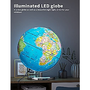 Waldauge 13" World Globe with Stand, Illuminated Educational Globes with HD Printed Map for Kids Classroom Learning, LED Globe Lamp with Stable Heavy Metal Base