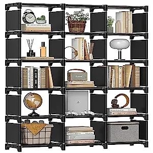 REIBII Bookshelf for Bedroom Book Shelf Organizer Bookcase Tall Book Case 15 Cube Storage Organizer Cube Shelf Black Cubby Storage Organizer Shelves for Bedroom Living Room Closet Office DIY