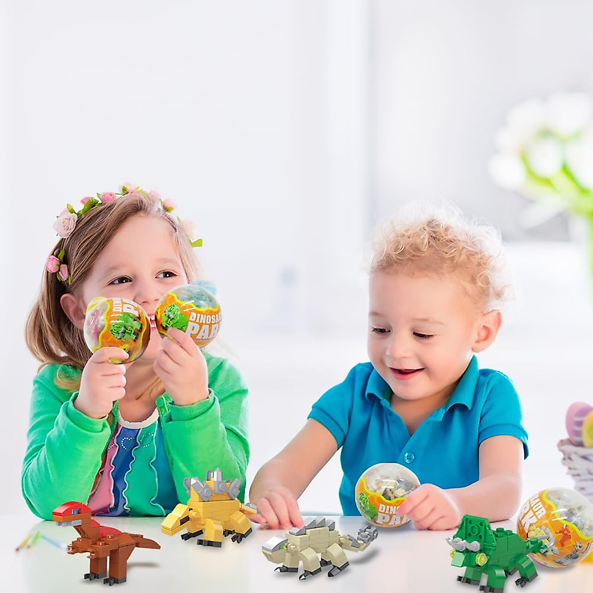 12Pcs PreFilled Easter Eggs with Dinosaurs Building Blocks, Surprise Eggs Dinosaur Toys for Kids Easter Eggs Hunt, Easter Basket Stuffers Fillers, Easter Party Favors, Easter Classroom Prize Toys