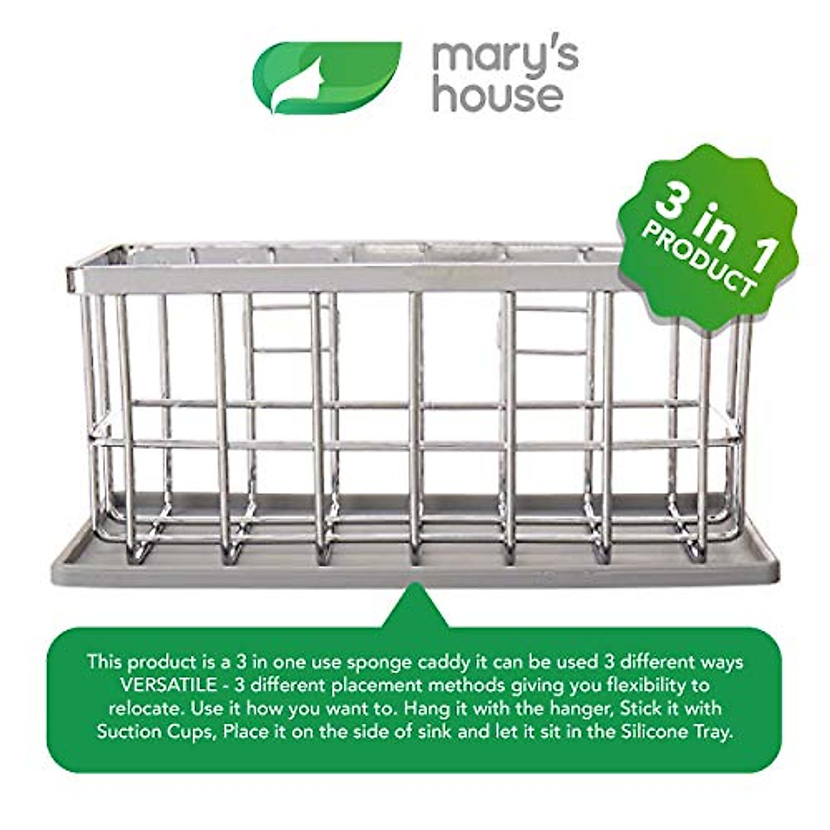 Heavy Duty Sink Caddy for Wet Dish Rag and Sponge Holder - Hang, Suction, or Counter Use - by Mary's House