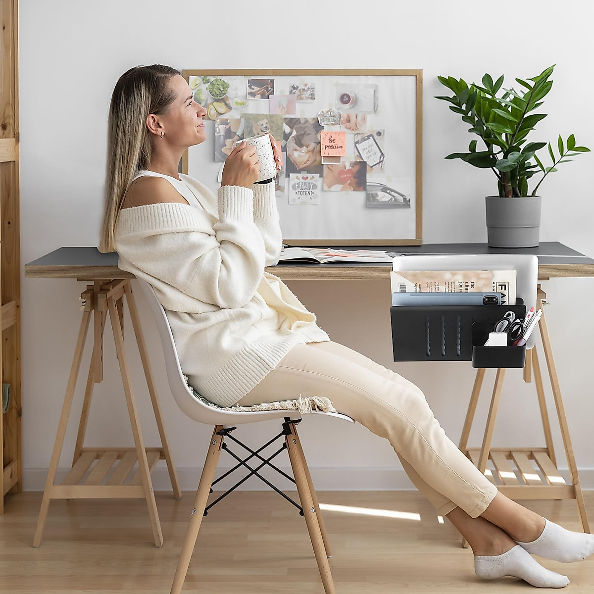 LUKETURE Desk Side Storage, Under Desk Laptop Holder, 2 Tier Steel Hanging Desk Storage, No Drill Under Desk Organizer, with Pen Holder, Hanging Desk Storage for Office and Home (Black 2 Tier)