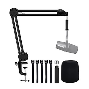Boseen Microphone Boom Arm Stand, Heavy Duty Adjustable Suspension Scissor Mic Stand with Pop Filter, Compatible with Shure MV7, Black Metal, Desktop Stand
