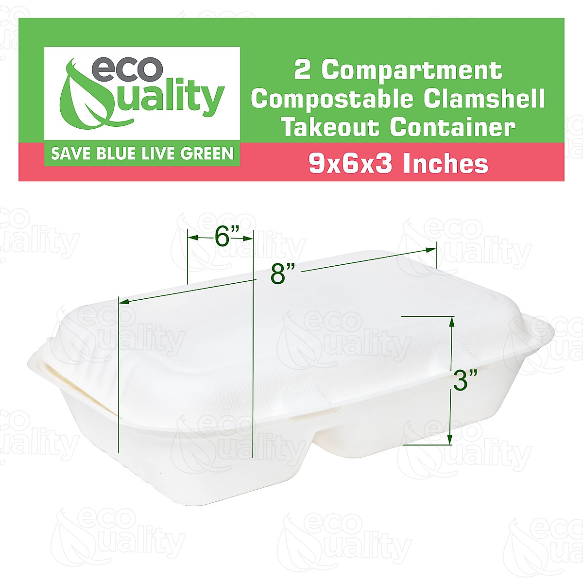Compostable 2-Compartment Rectangular Hinged Clamshell Take Out Food Containers 9x6x3,Heavy Duty Quality Disposable to go Containers, Restaurants, Food Trucks (25)