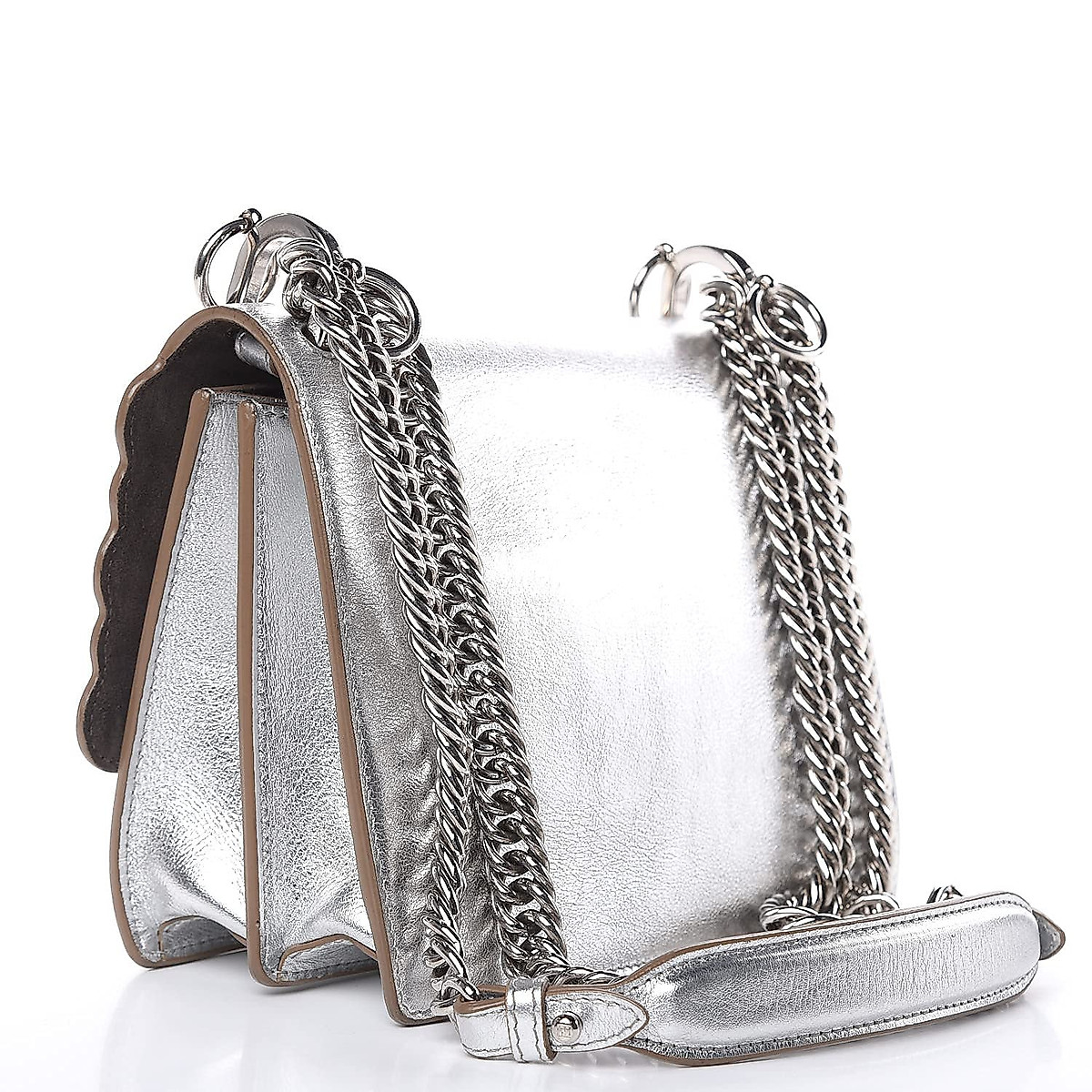 Fendi Kan I Metallic Silver Calfskin Scalloped Studded Small Shoulder Bag 8M0381