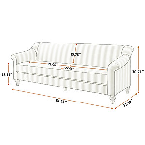 VANOMi 84.25'' Upholstered Sofa with Stripe Pattern, Mid-Century Modern Striped Fabric 3-seat Couch for Living Room, Bedroom, Office, Apartment