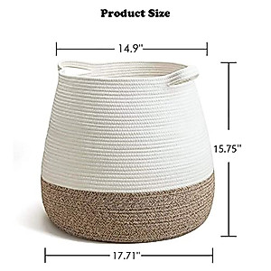 BSMstone Large Cotton Rope Basket 17.7"x 15.7"x13.8" Woven Baby Laundry Blanket Basket Toy Basket with Handle Storage Baskets for Comforter, Cushions, Quilt, Toy Bins (White + Camel)