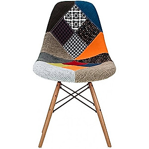 2xhome - DSW Molded Plastic Shell Bedroom Dining Side Ray Chair with Brown Wood Eiffel Dowel-Legs Base Nature Legs (Patchwork S)