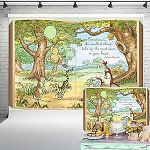 Claasic Pooh Giant Book Backdrop Gender Neutral Baby Shower Decorations Vintage Winnie Bear Green Balloon in Hundred Acre Wood Background Birthday Party Banner 7x5 ft 118