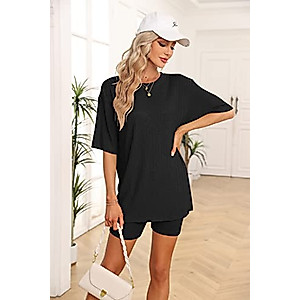 BEKOFO Lounge Set Pajama Sets Ribbed Knit Dropped Short Sleeve Yoga Outfits Tshirt Bike Shorts 2023 Fashion Women Pajama Pj Sets Black Large