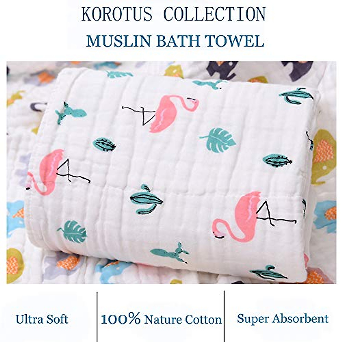 KOROTUS COLLECTION Muslin Baby Bath Towel Soft Cotton 6 Layers Receiving Blanket 43.3 x 41.4 Inches Organic Cotton Swaddle Blanket for Newborns Toddlers Boy Girl