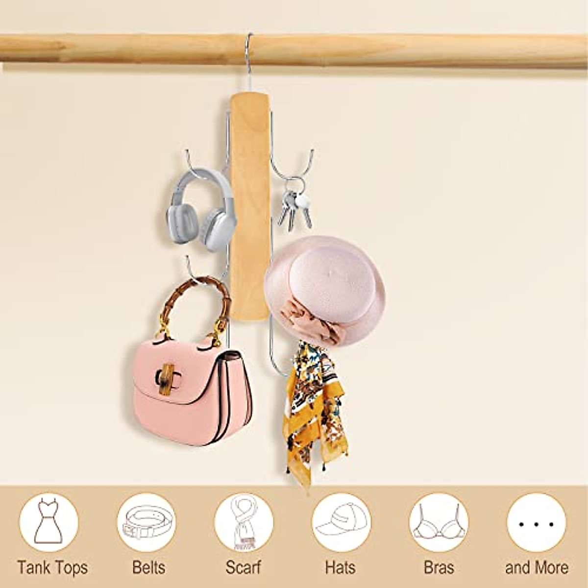 Volnamal Purse Hanger Organizer for Closet, Wood Handbag Storage Holder Metal Hanging Space Saving Hook, Closet Organizers and Storage Scarves, Ties, Shawls, Backpacks, Belts