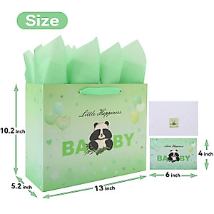 13” Large Baby Boy Girl Gift Bag Set with Handles, Greeting Card, Tissue Papers and Stickers for Baby Shower, Kids’ Birthday Party, Green Balloons Panda Design, 1 Pcs