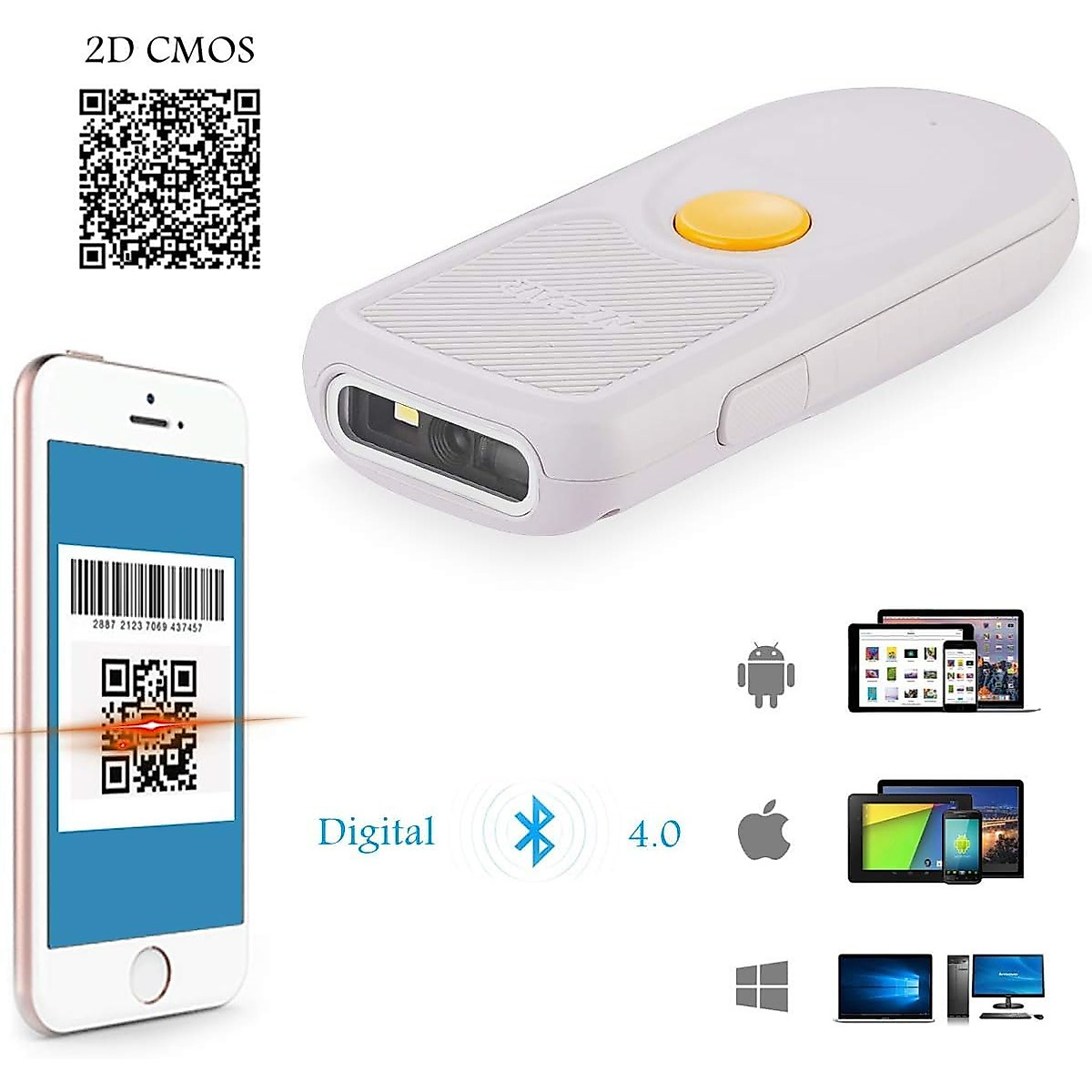 NYEAR Mini BLE Bluetooth 2D & QR & 1D CMOS Barcode Scanner with APP Without scanning Barcode to Set parameters conveniently,with Real Voice Announcement,NT1000