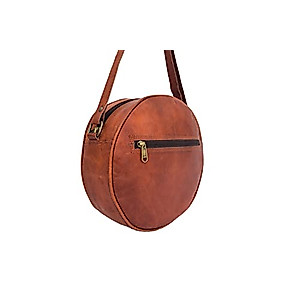 Handmade Vintage Leather Crossbody Bag Women/Teen Girls Satchel Handbag Round Messenger Sling Bags, 10 Inch Small, Brown