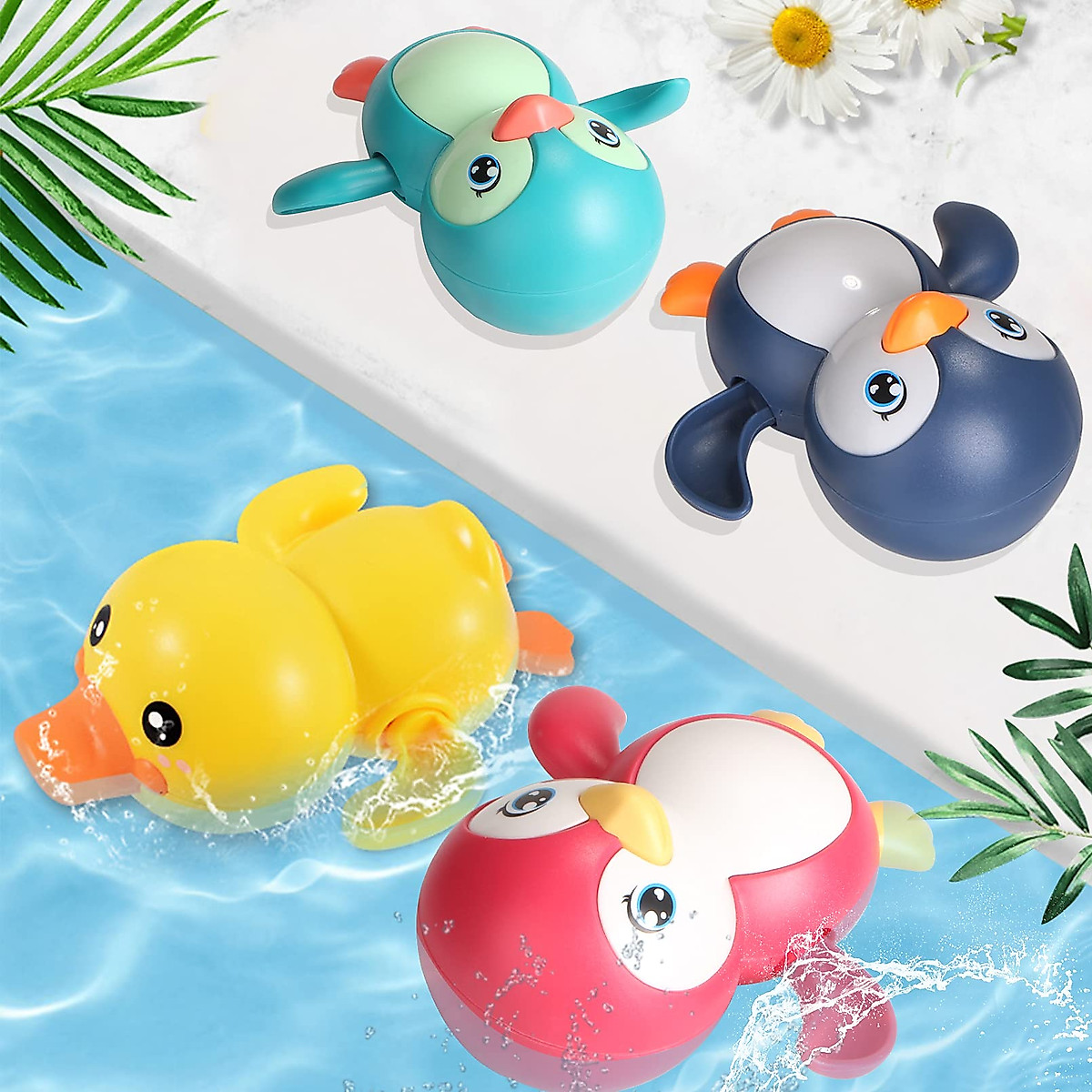 Dmeixs Baby Bath Toys 4 Pack Wind Up Bath Toys for Toddlers 1-3 Year Old Penguin Duck Bathtub Toys for Baby Floating Pool Games Water Toys Swimming Bath Toys for Toddlers Kids Boys Girls 1 Years Old