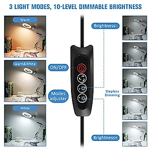 LANCOSC 2-in-1 Magnifying Glass with Light and Stand, 5X Real Glass Lens 3 Color Modes Stepless Dimmable, Adjustable LED Lighted Magnifier Desk Lamp with Clamp for Reading, Crafts, Close Works - White
