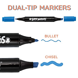 Super Markers 40 Unique Primary & Pastel Colors Dual Tip Fabric & T-Shirt Marker Set - Double-Ended Fabric Markers with Chisel Point and Fine Point Tips - 40 Permanent Ink Vibrant and Bold Colors