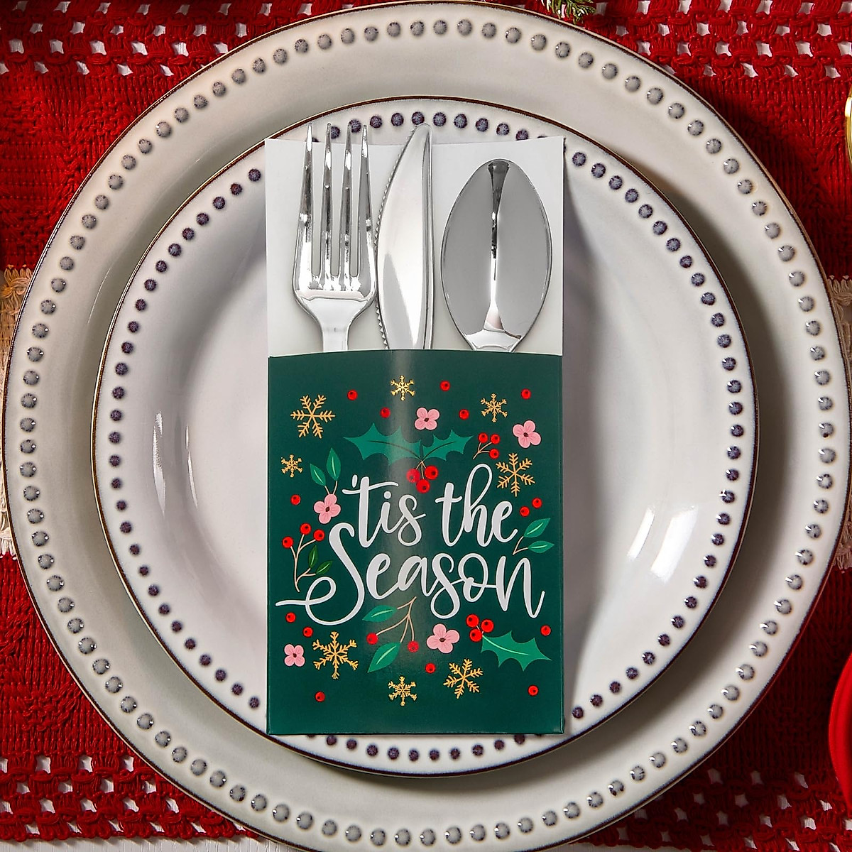 Christmas Utensil Holder Pockets for Holiday Dinner Parties (3.7 x 7.5 In, 36 Pack)