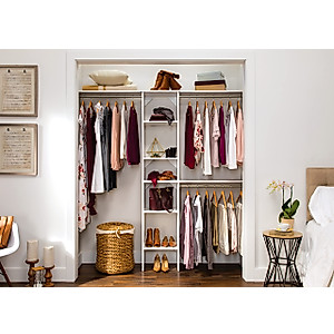 ClosetMaid SuiteSymphony Wood Closet Organizer Starter Kit with Tower and 3 Hang Rods, Shelves, Adjustable, Fits Spaces 4 – 9 ft. Wide, Pure White, 16"