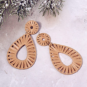 Boho Raffia Earrings Statement Teardrop Earrings Drop Dangle Bohemian Earrings for Women Cute Handmade Earring(Wheat)