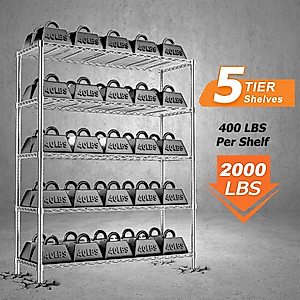 Storage Shelves Heavy Duty, 48" L x 20" W x 72" H Garage Wire Shelving Unit Loads 2000LBS, 5-tier Adjustable Metal Industrial Utility Shelf Rack for Kitchen, Laundry Room, Pantry, Warehouse, Basement