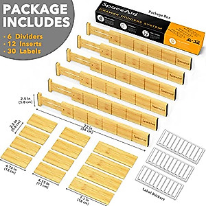 SpaceAid Bamboo Drawer Dividers with Inserts and Labels, Kitchen Adjustable Drawer Organizers, Expandable Organization for Home, Office, Dressers and Bathroom, 6 Dividers with 12 Inserts (17-22 in)