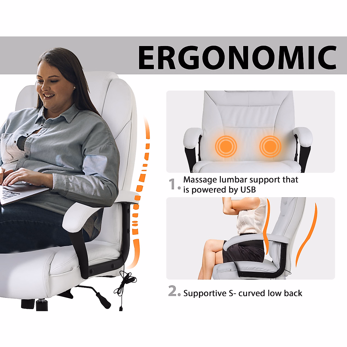 500 LBS Ergonomic Executive Office Chair, High Back Desk Chair with Massage Lumbar Support, Swivel Rocking Chair Computer Desk Chair with Padded Armrest and Adjustable Height, White