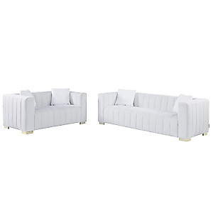 KIVENJAJA 2 Piece Living Room Furniture Set, Including Loveseat and 3-Seater Sofa Couch with Channel Tufted Velvet Fabric, 4 Pillows for Bedroom Apartment, White