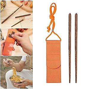 Fenteer Stainless Steel Chopsticks Screw in/Apart Reusable Travel Foldable Chopsticks with Pouch, Full Wood