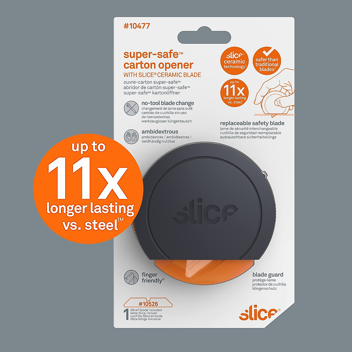 Slice 10477 Super-Safe Carton Cutter, Retracting Blade Guard, Finger-Friendly Blade, Easy Grip, Lasts 11x as Long as Metal, 1 Pack