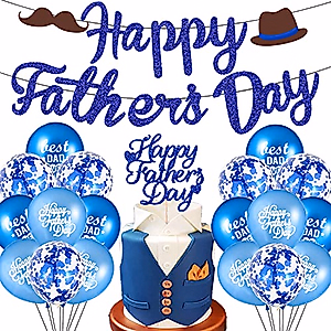 Father's Day Decorations Blue Glitter Happy Father's Day Banner Cake Topper Blue Father's Day Balloons Photo Booth Backdrop Bunting Banner Sign Decor