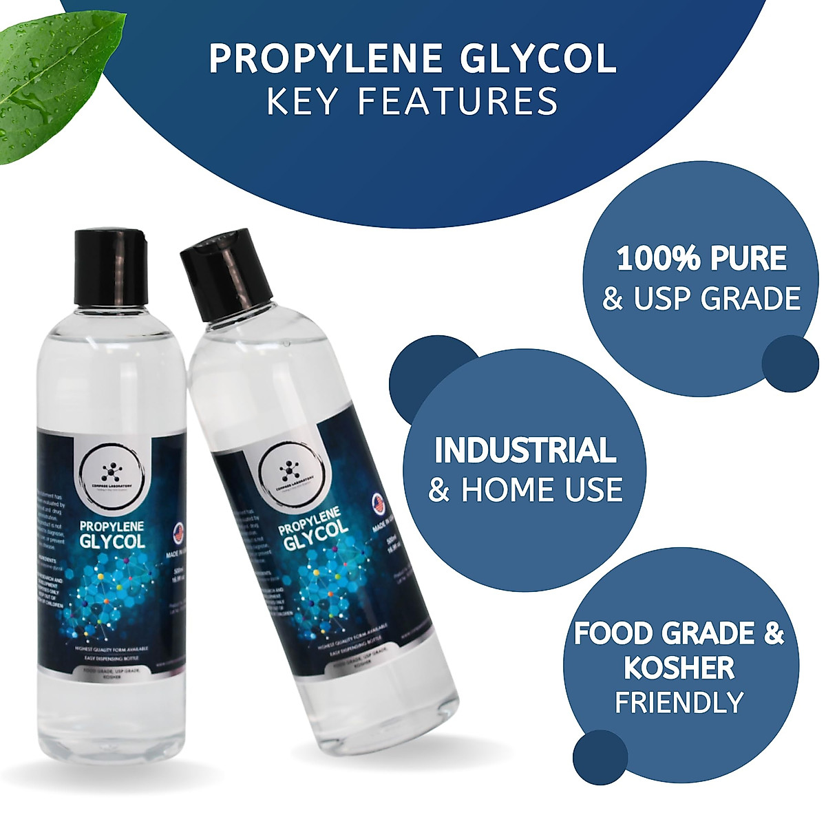 Propylene Glycol 2 Pack, Pure PG Dispensing Bottles, USP Kosher Food Grade PG Liquid for Soaps, Lotions, Moisturizers, Solvents, 500mL by Compass Laboratory