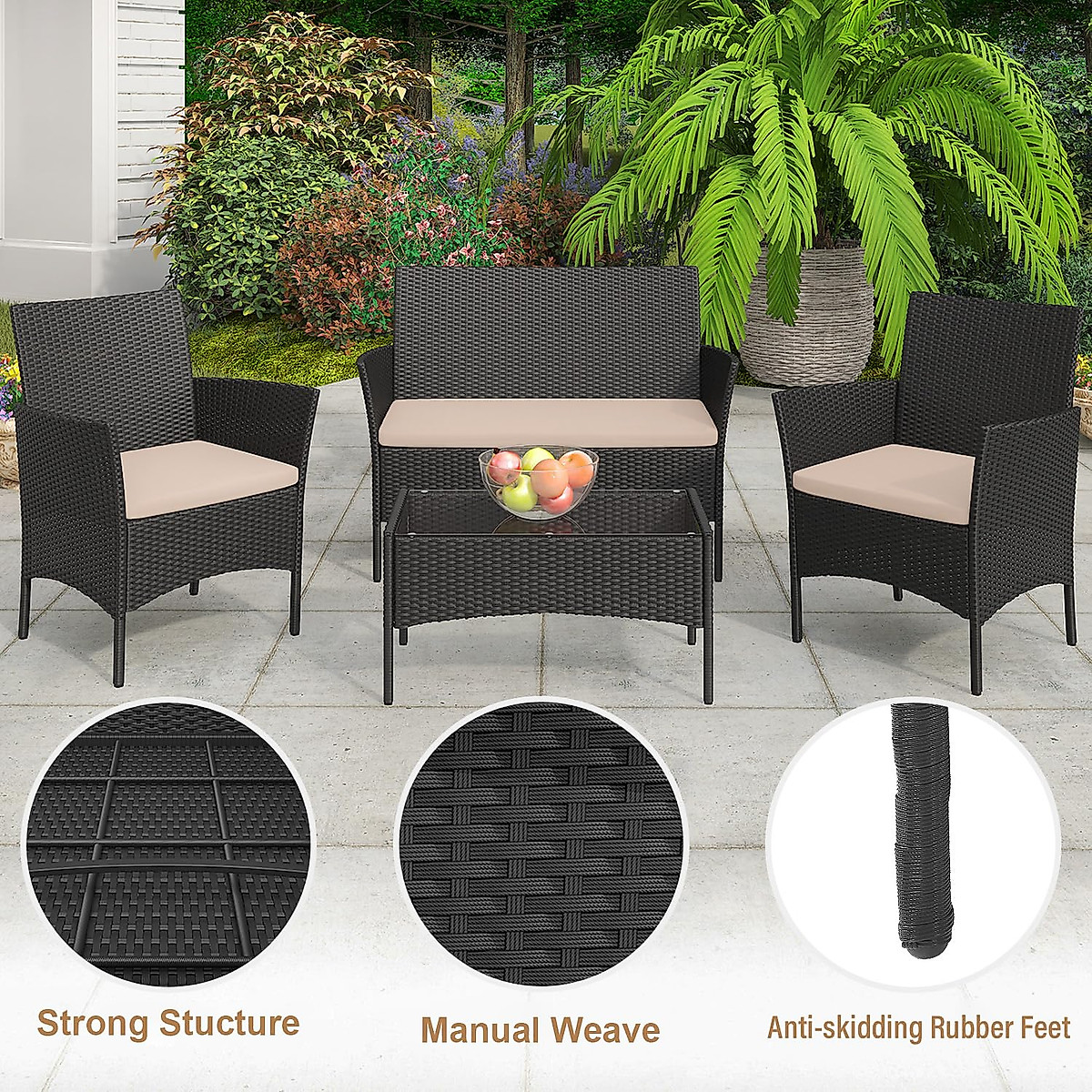 NChanmar Patio Furniture Set, 4 Pieces Outdoor Furniture Rattan Chair, Patio Table and Chairs Set, Wicker Sofa for Yard,Pool and Backyard, Red