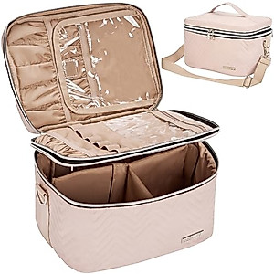 BELALIFE Double Layer Makeup Bag for Travel, Portable Cosmetic Organizer for Brushes Sets, Large Toiletry Holder with Straps, Pink