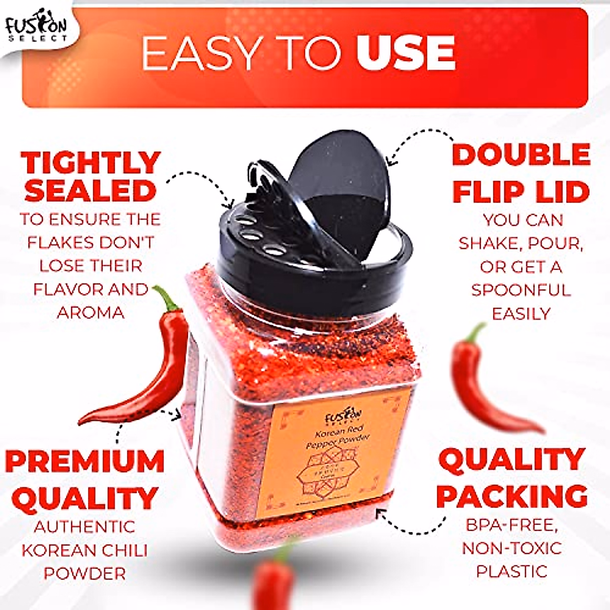 Fusion Select Korean Premium Non-GMO Gluten Free Red Chili Pepper Flakes Powder, Crushed Red Pepper Premium Gochugaru For Kimchi Seasoning, Chicken, Pork, Fish, Vegetables Hot Pepper Flakes (6 Oz)