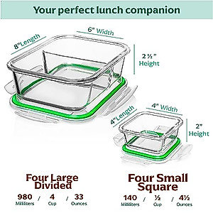 Fusion Gourmet Nestable Divided Glass Meal Prep Containers, 2 Compartment with Condiment container [4x 4 cup & 4x 1/2 cup] Airtight, Leak proof, Microwave Safe for Portion Control (Green)