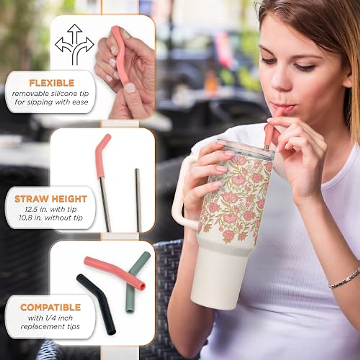 Christian Art Gifts Extra Large Stainless Steel Double Wall Vacuum Insulated Travel Tumbler for Women: Be Still Inspirational Scripture, Lid, Reusable Straw, Wide Handle, White & Pink Floral, 40 oz.