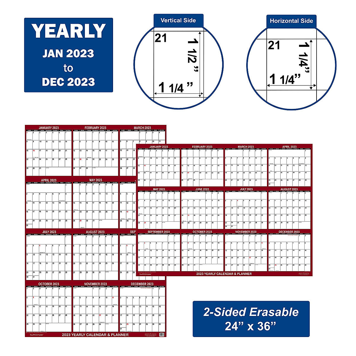 24" x 36" SwiftGlimpse 2023 Wall Calendar Erasable Large Wet & Dry Erase Laminated 12 Month Annual Yearly Wall Planner, Reversible, Horizontal/Vertical, Maroon