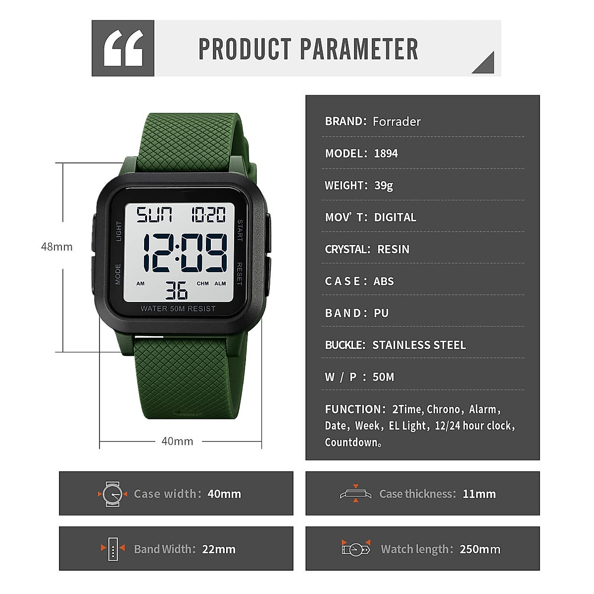 Forrader Mens Sport Digital Watches, Waterproof Outdoor Sport Watch with LED Backlight/Alarm/Countdown Timer/Dual Time/Stopwatch/12/24H Wrist Watches for Men Women Teenager, White/Green, strap