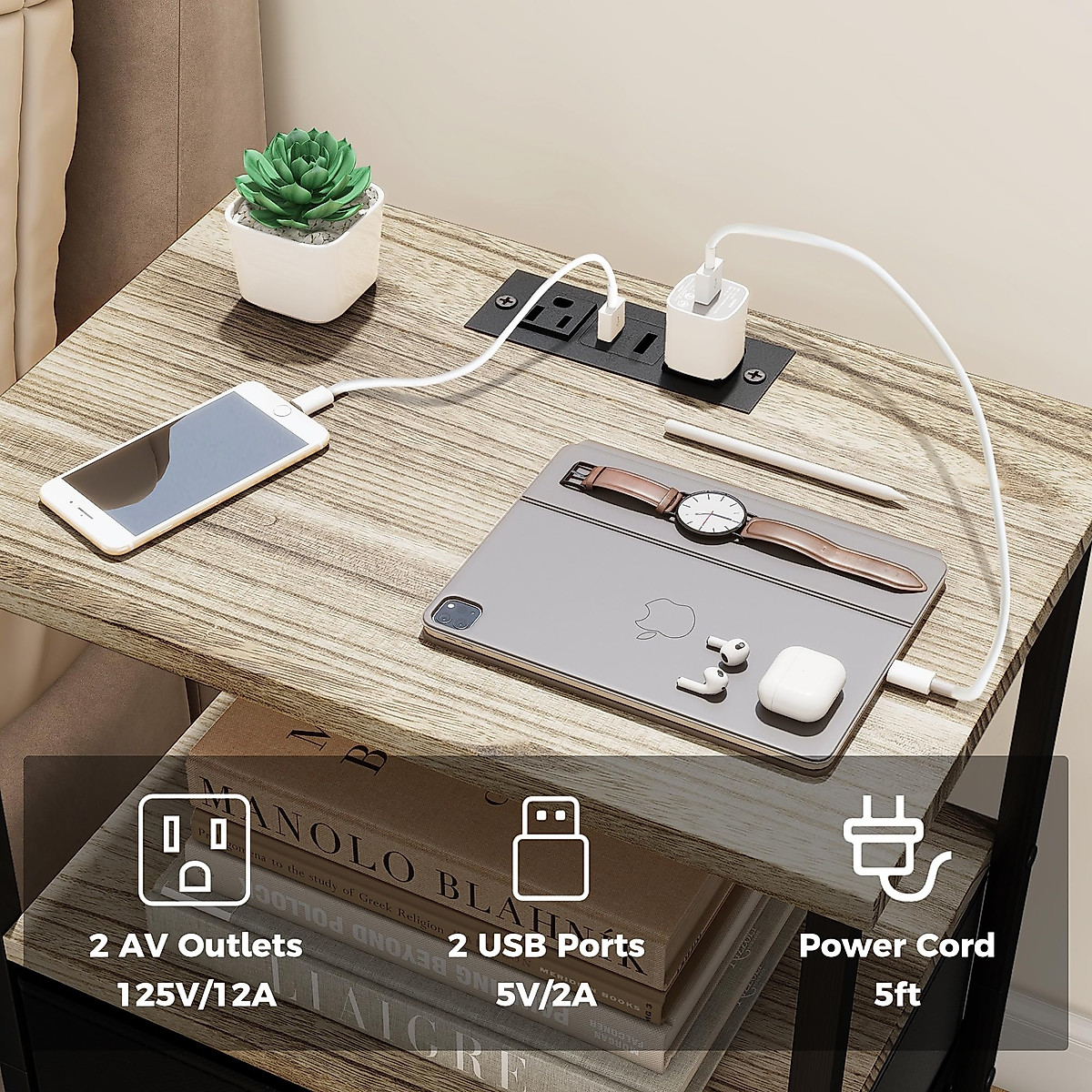 Acovy Small Nightstand with Charging Station 2 USB Ports & 2 Outlets, Solid Wood and Drawers, Night Stand End Table for Bedroom, Bedside Table, Side Table, Set of 2